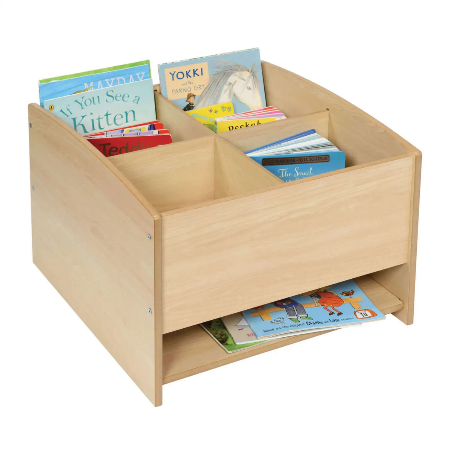 Low Level 4 Compartment Kinderbox With Shelf & Castors Maple - Gompels ...