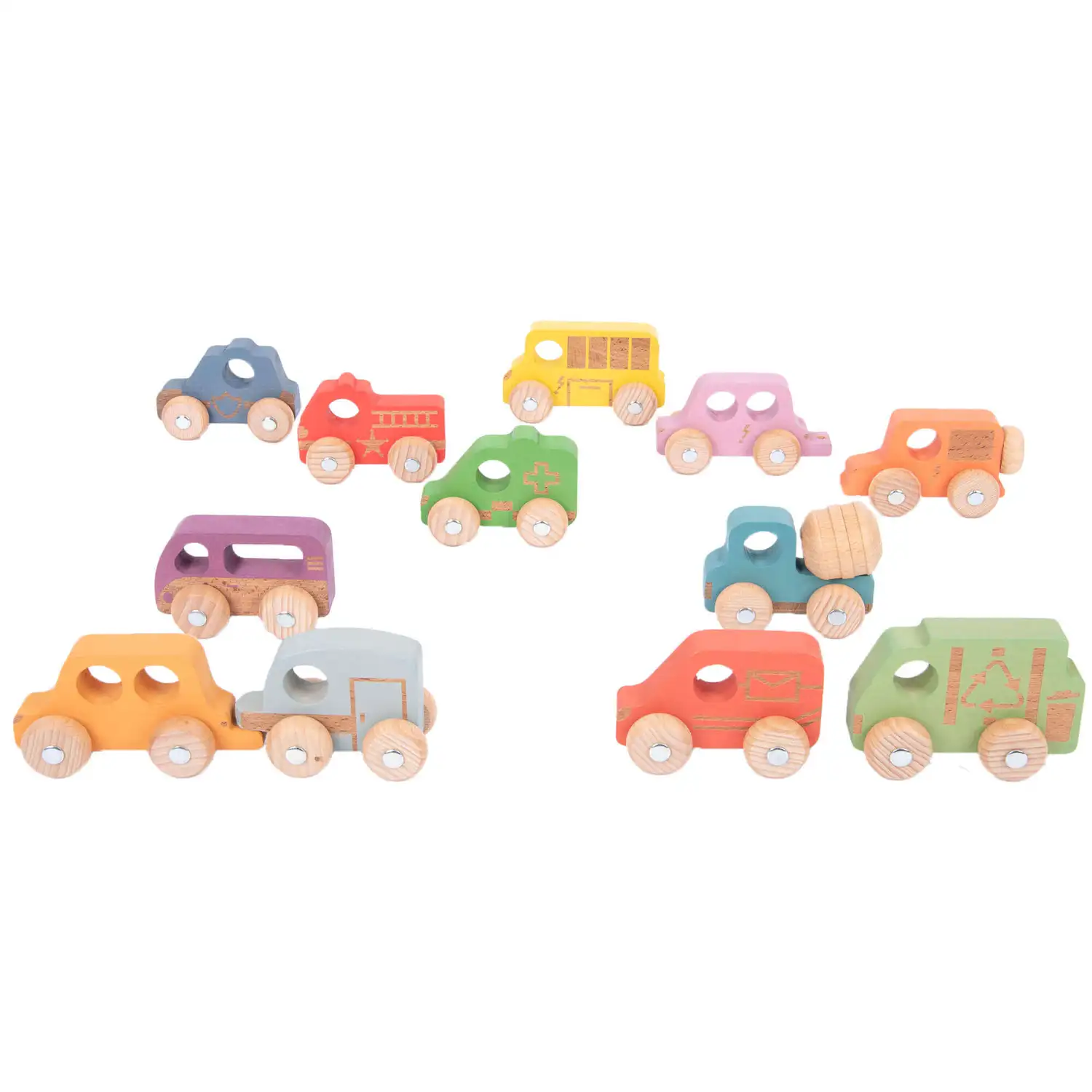 Rainbow Wooden Vehicles Set 12 Pack - Gompels | Care & Education Supplies